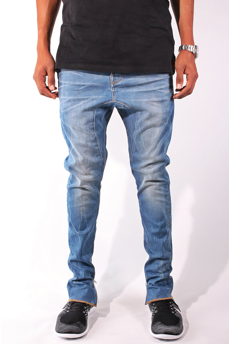 Themogan Vintage Crack Wash Drop Crotch Ankle Zipper Harem Denim Skinny